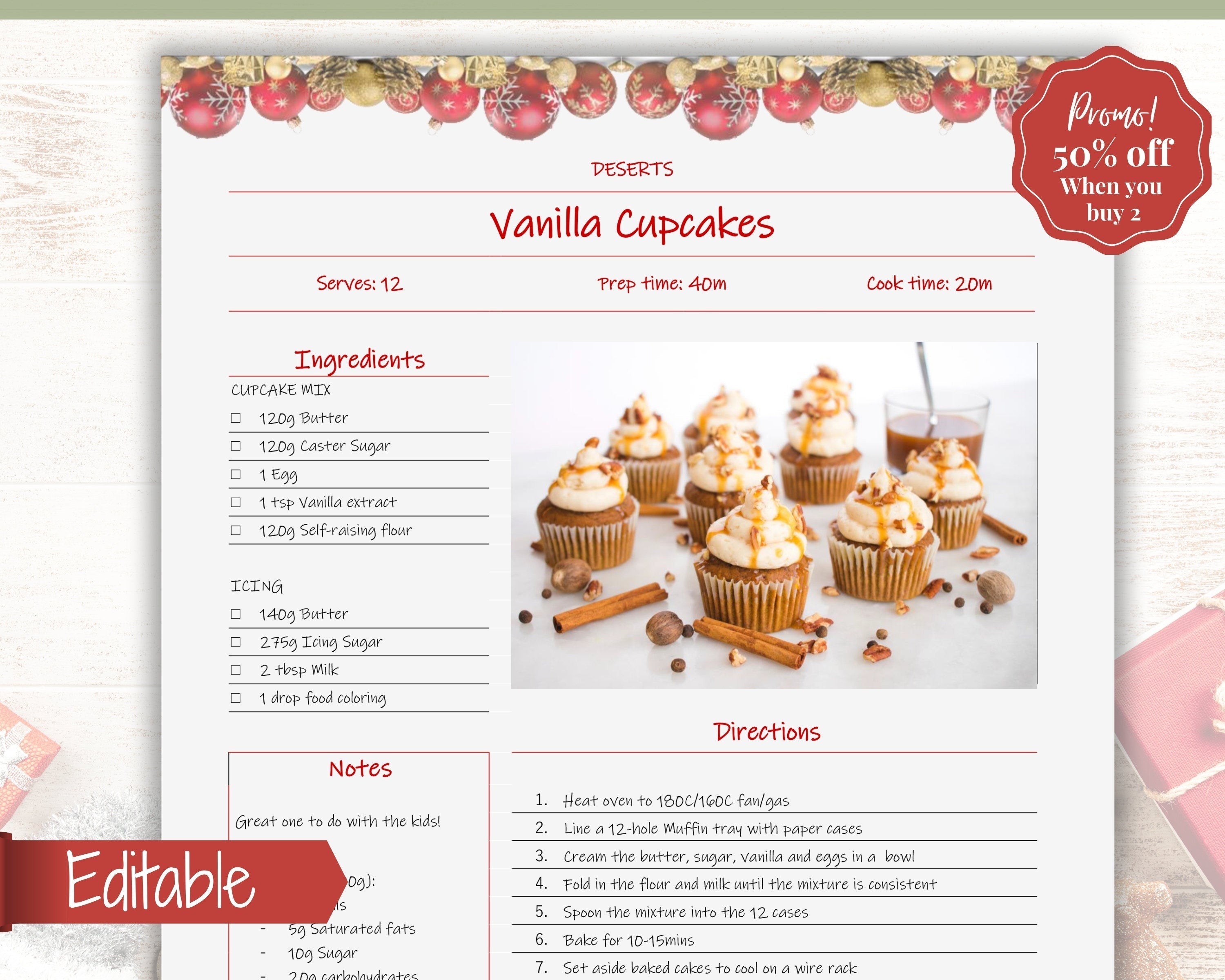 Editable Christmas Recipe Sheet Template Printables - Red