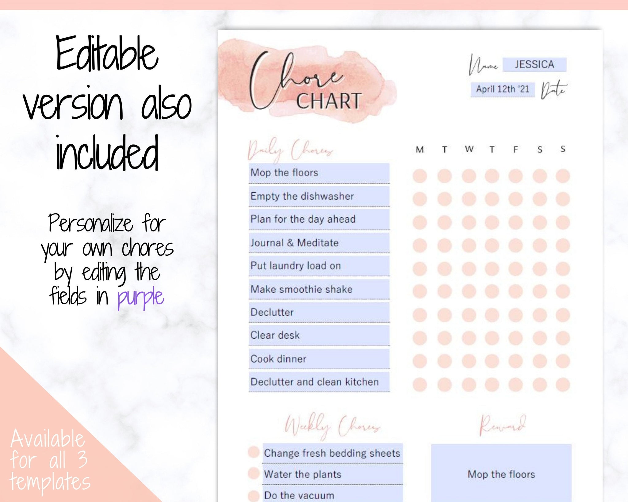 Reward Chart for Kids | Editable Chore Chart Template - Pink