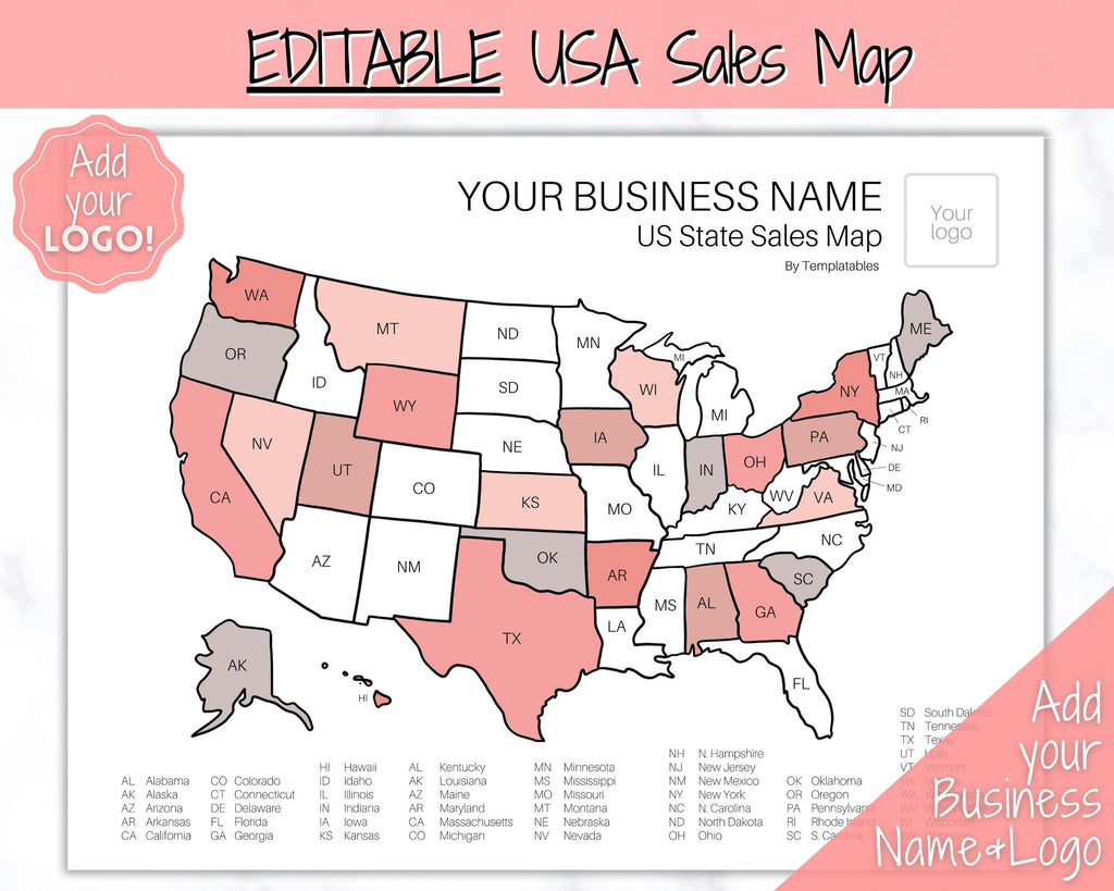 US Sales Map, EDITABLE USA Business Order Tracker, Color In