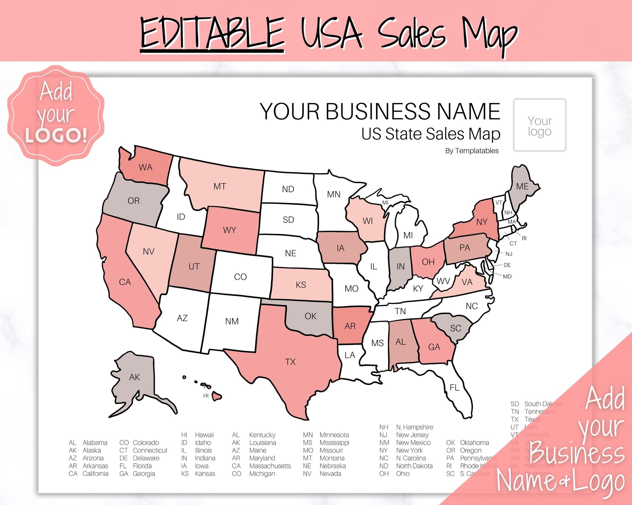 US Sales Map, EDITABLE USA Business Order Tracker, Color In