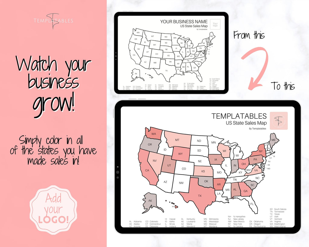 US Sales Map, EDITABLE USA Business Order Tracker, Color In