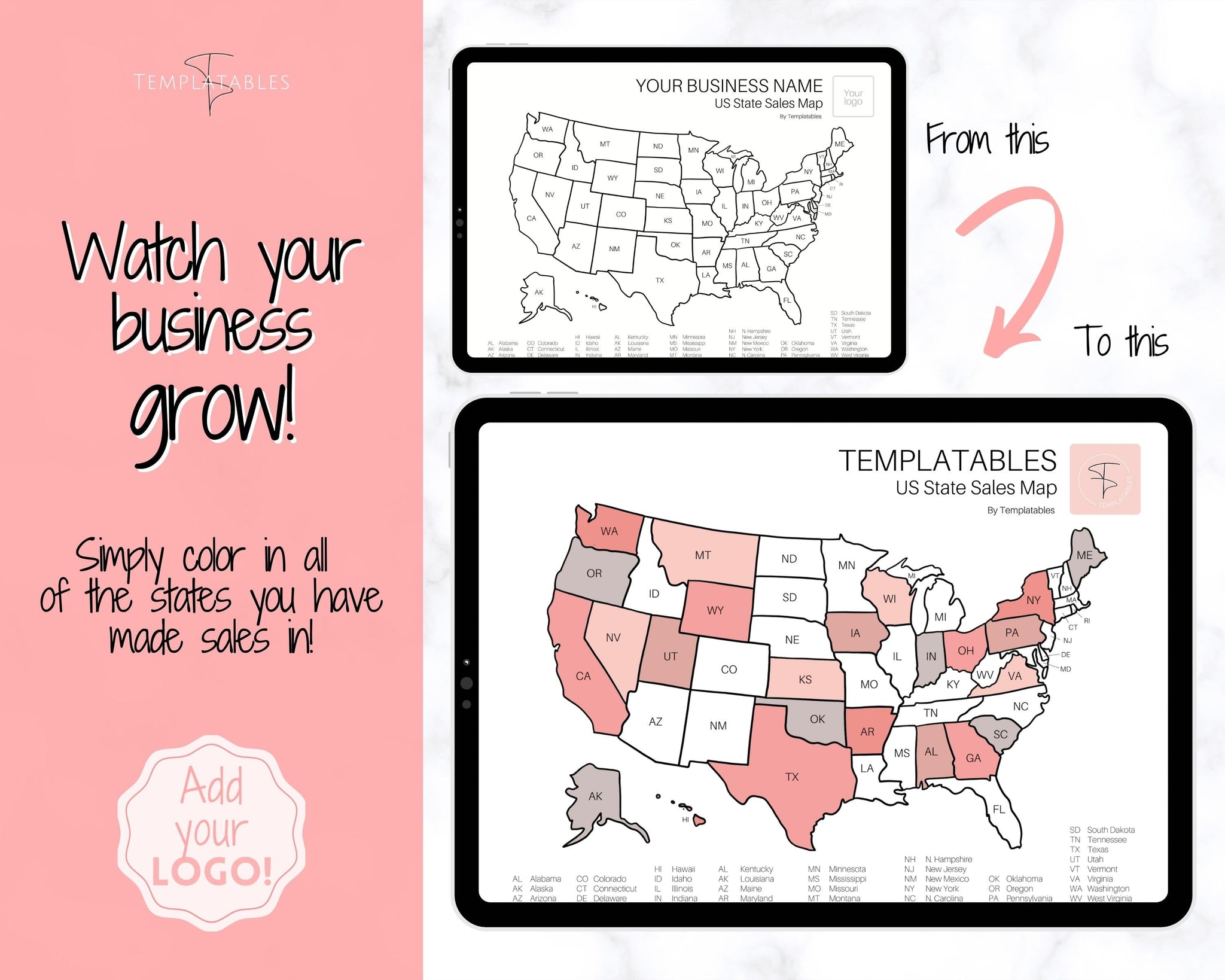 US Sales Map, EDITABLE USA Business Order Tracker, Color In