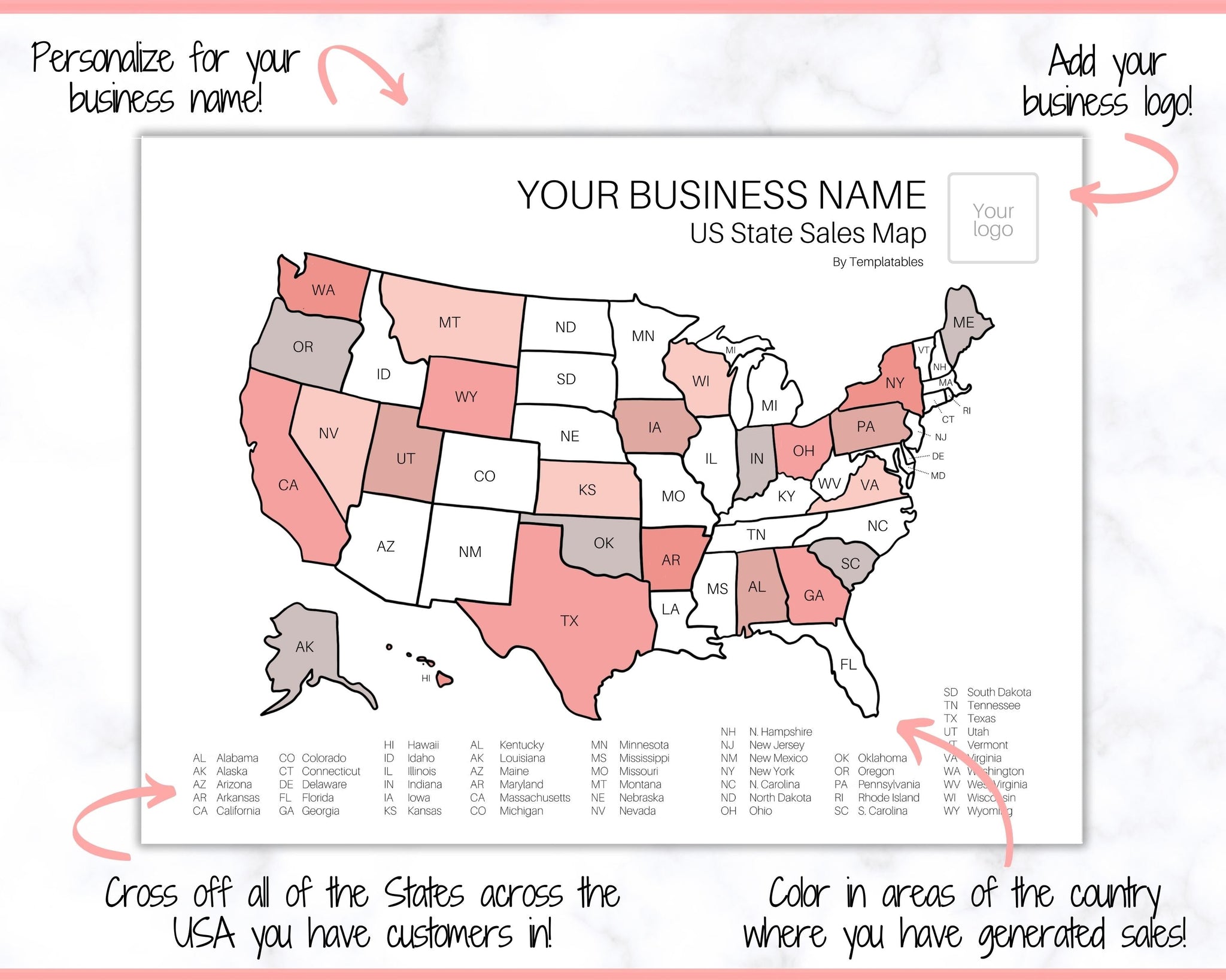 US Sales Map, EDITABLE USA Business Order Tracker, Color In
