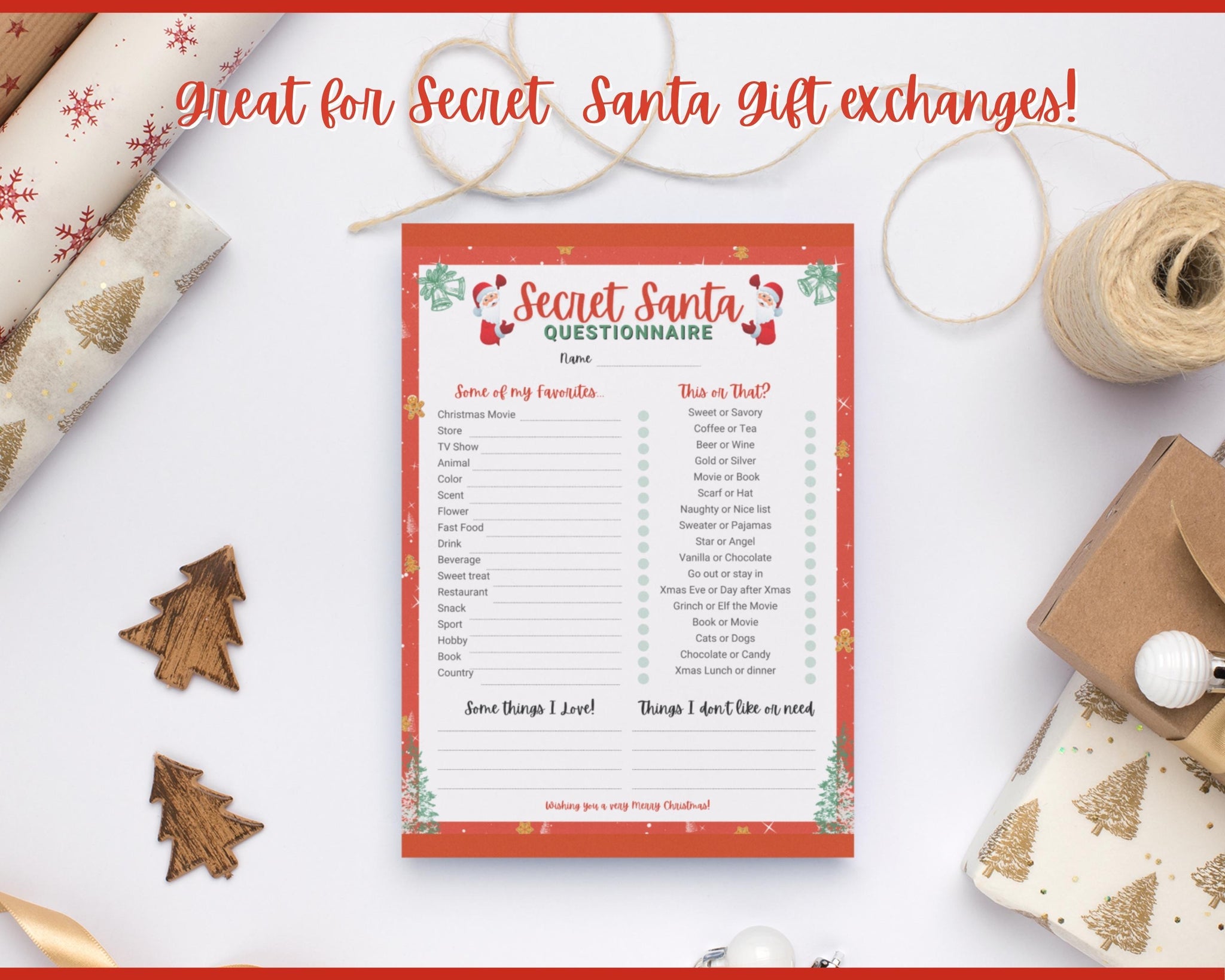 Secret Santa Questionnaire Printable | Xmas Holiday Gift Exchange List