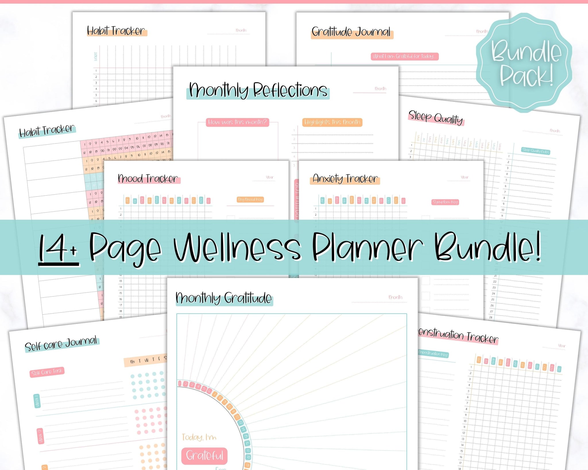 Self Care Planner & Wellness Printable BUNDLE Templates | Sky