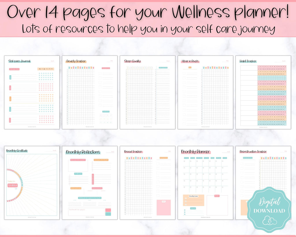 Self Care Planner & Wellness Printable BUNDLE Templates | Sky