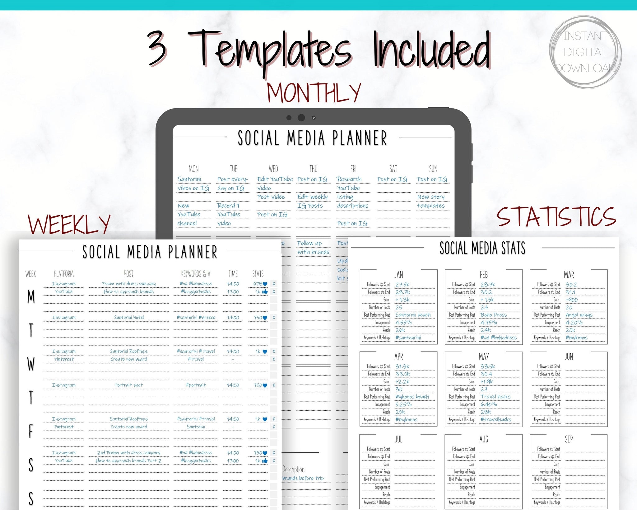 Social Media Planner Printable for Instagram, Facebook, Pinterest