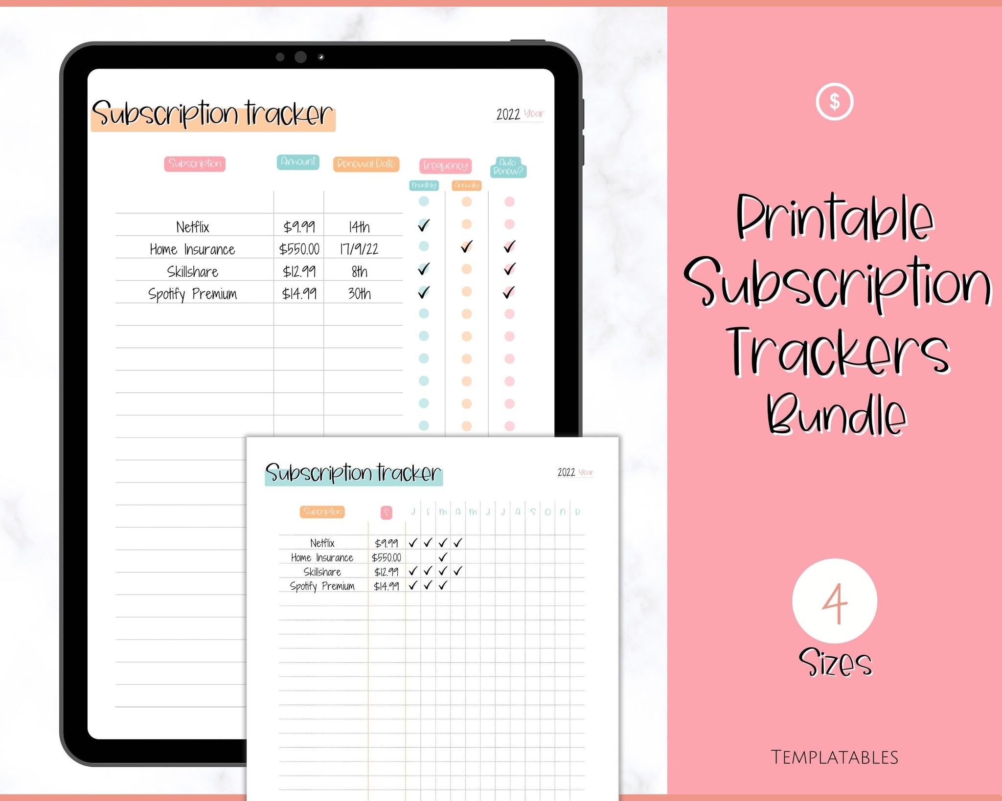 Subscription Tracker Printable, Monthly Budget Planner | Colorful Sky