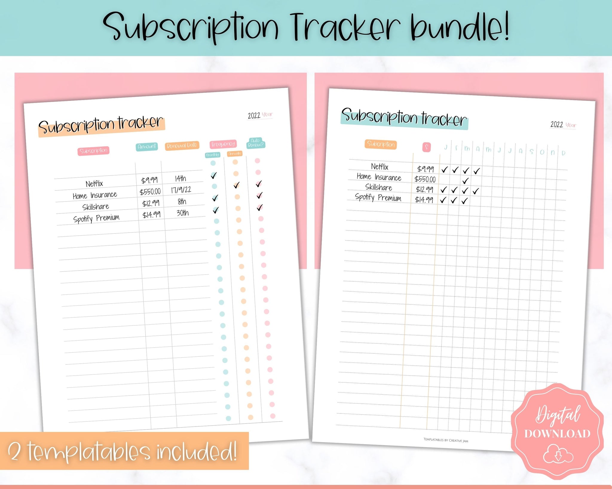 Subscription Tracker Printable, Monthly Budget Planner | Colorful Sky
