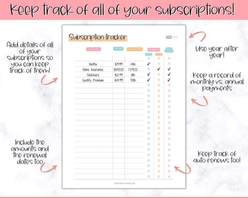 Subscription Tracker Printable, Monthly Budget Planner | Colorful Sky