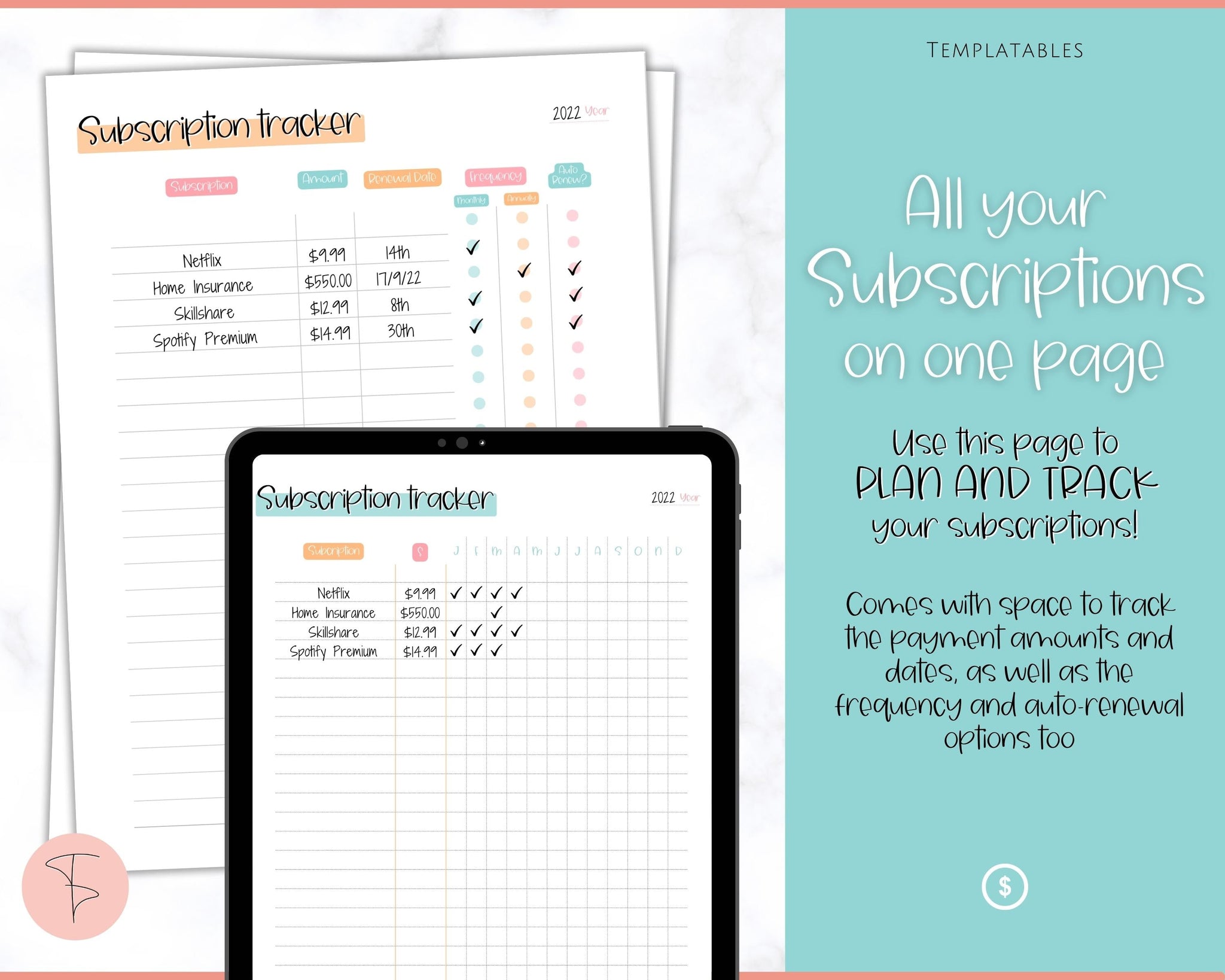 Subscription Tracker Printable, Monthly Budget Planner | Colorful Sky