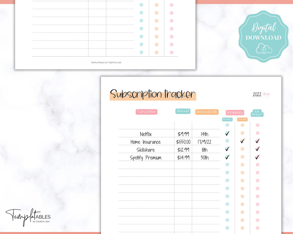 Subscription Tracker Printable, Monthly Budget Planner | Colorful Sky