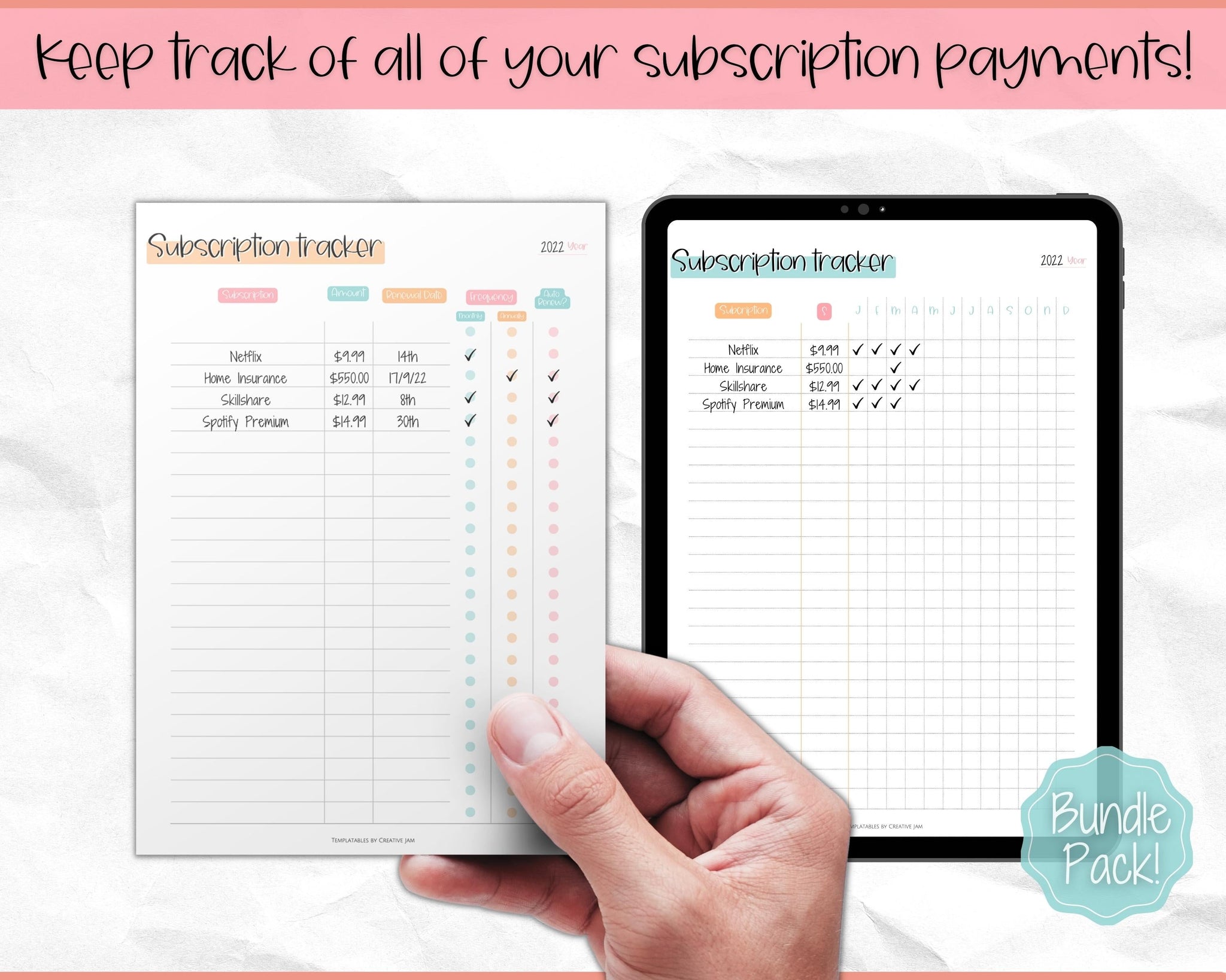 Subscription Tracker Printable, Monthly Budget Planner | Colorful Sky
