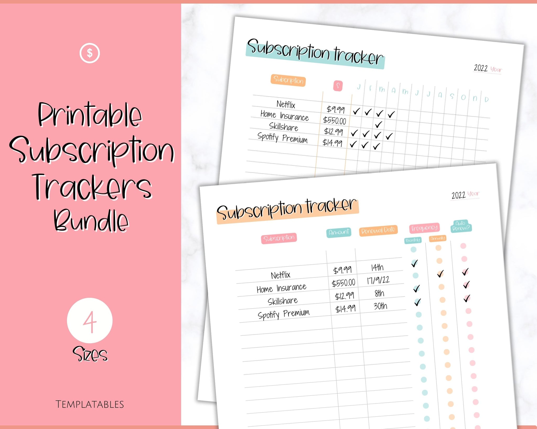 Subscription Tracker Printable, Monthly Budget Planner | Colorful Sky