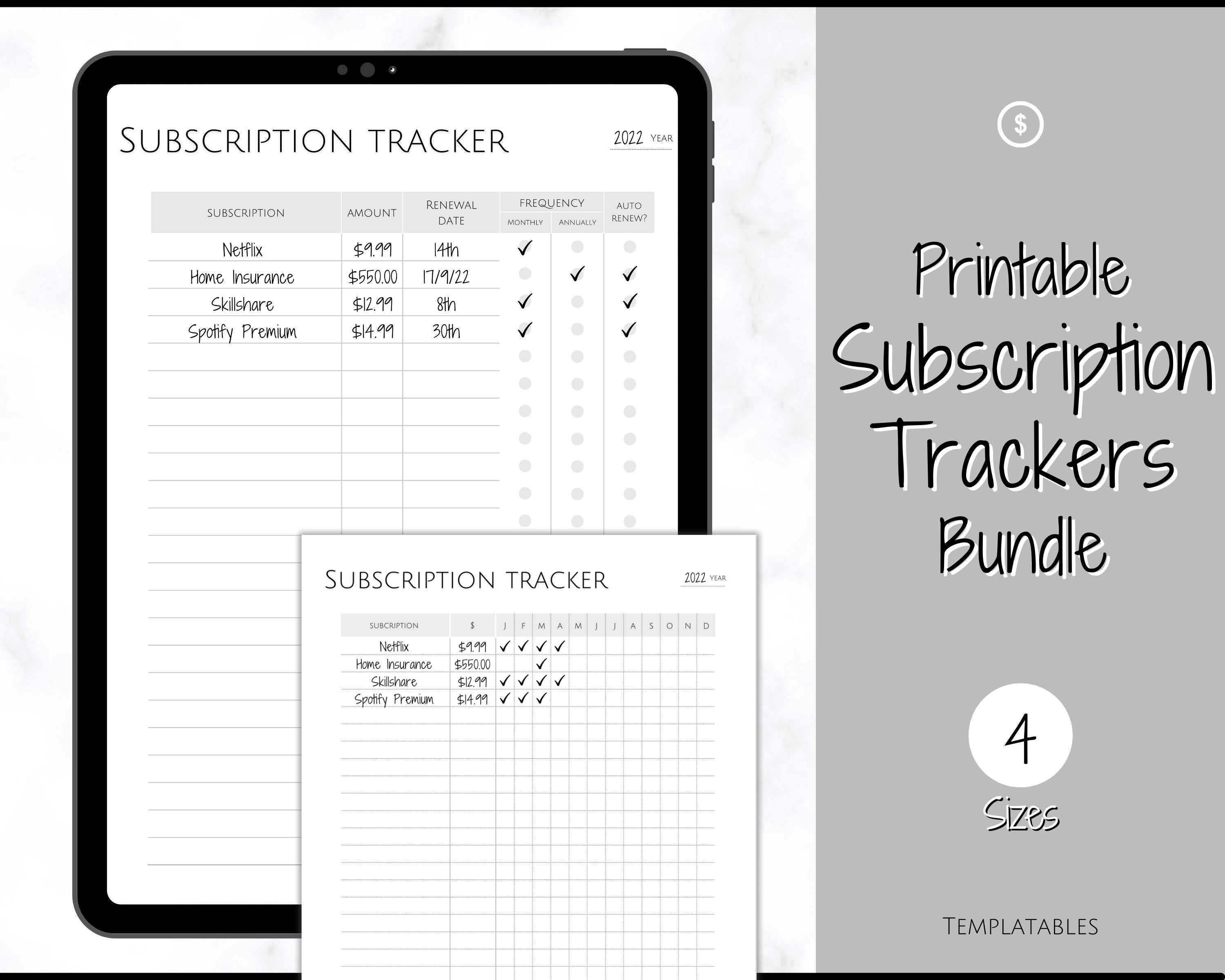 Subscription Tracker Printable, Monthly Expense Budget Planner | Mono