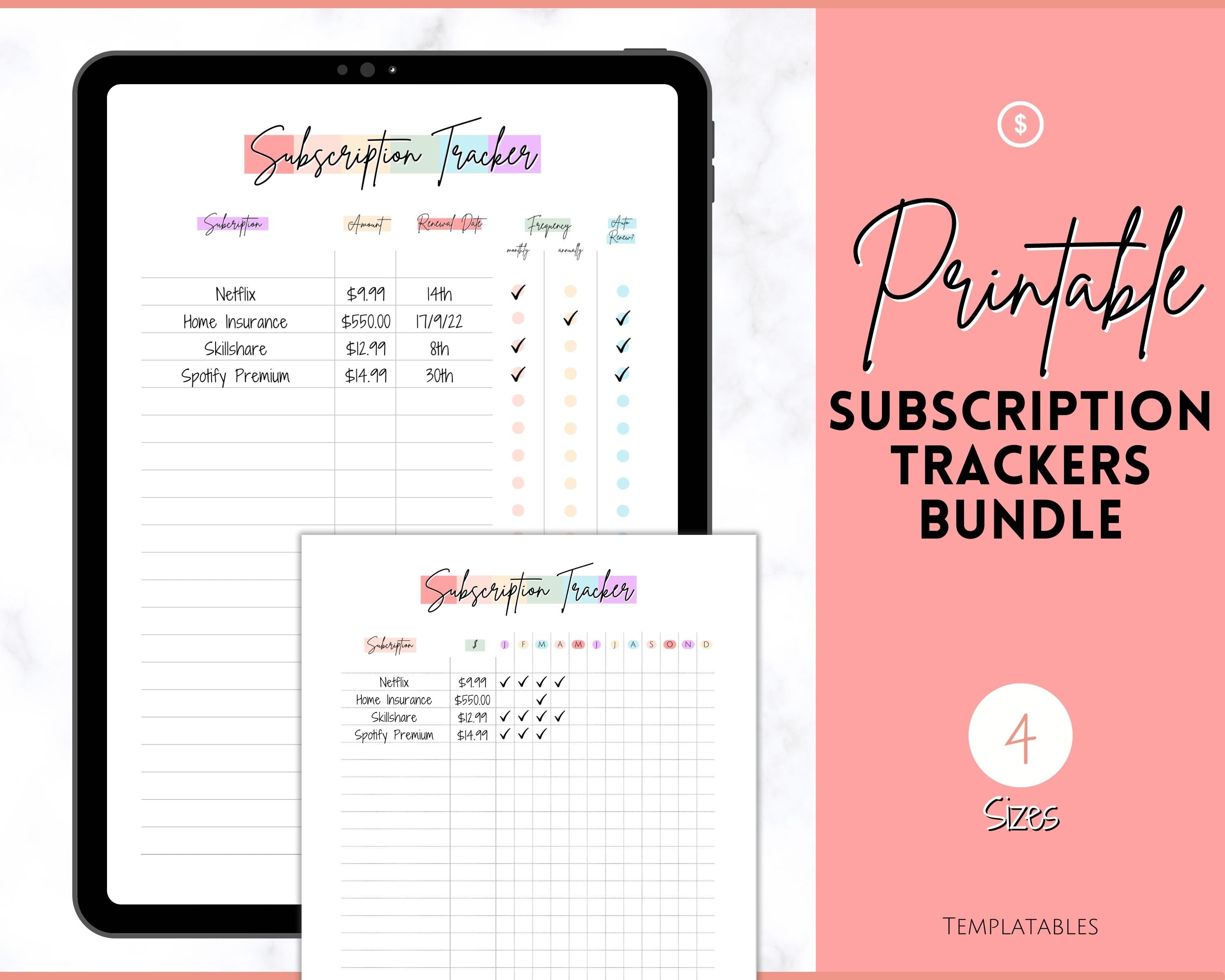 Subscription Tracker Printable, Monthly Budget Planner | Rainbow