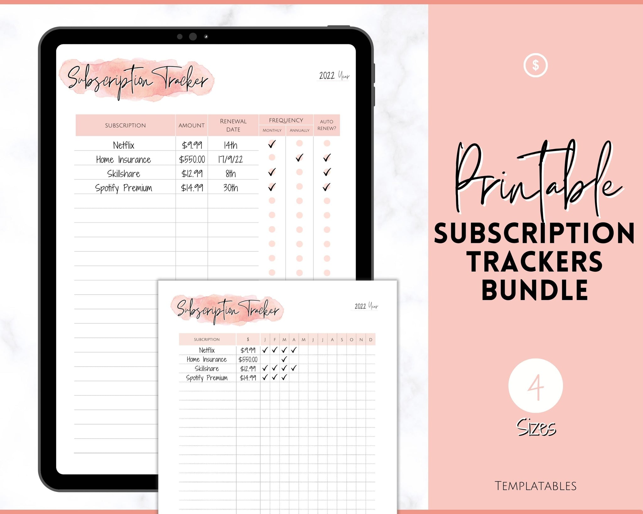 Subscription Tracker Printable, Monthly Expense Budget Planner | Pink