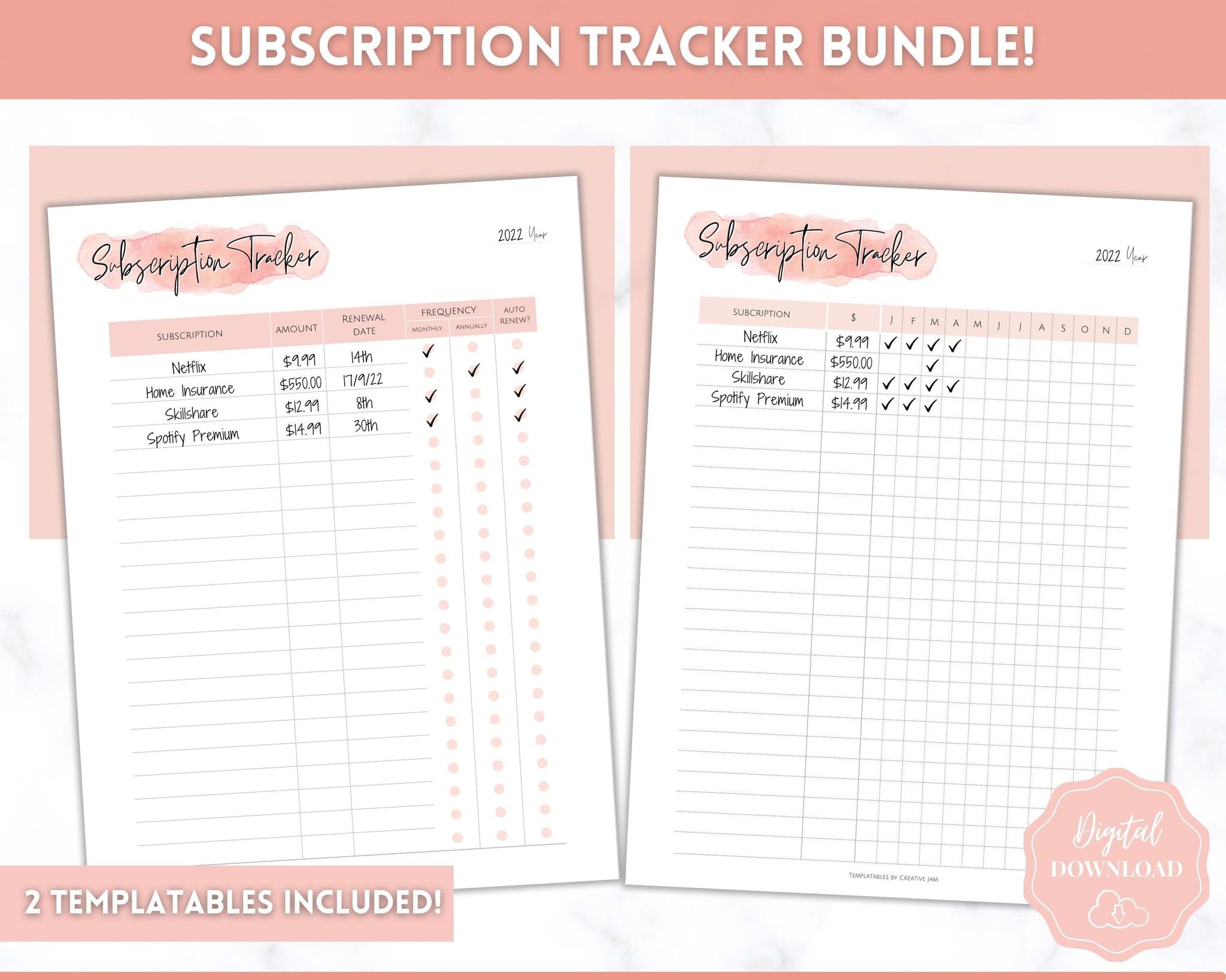 Subscription Tracker Printable, Monthly Expense Budget Planner | Pink