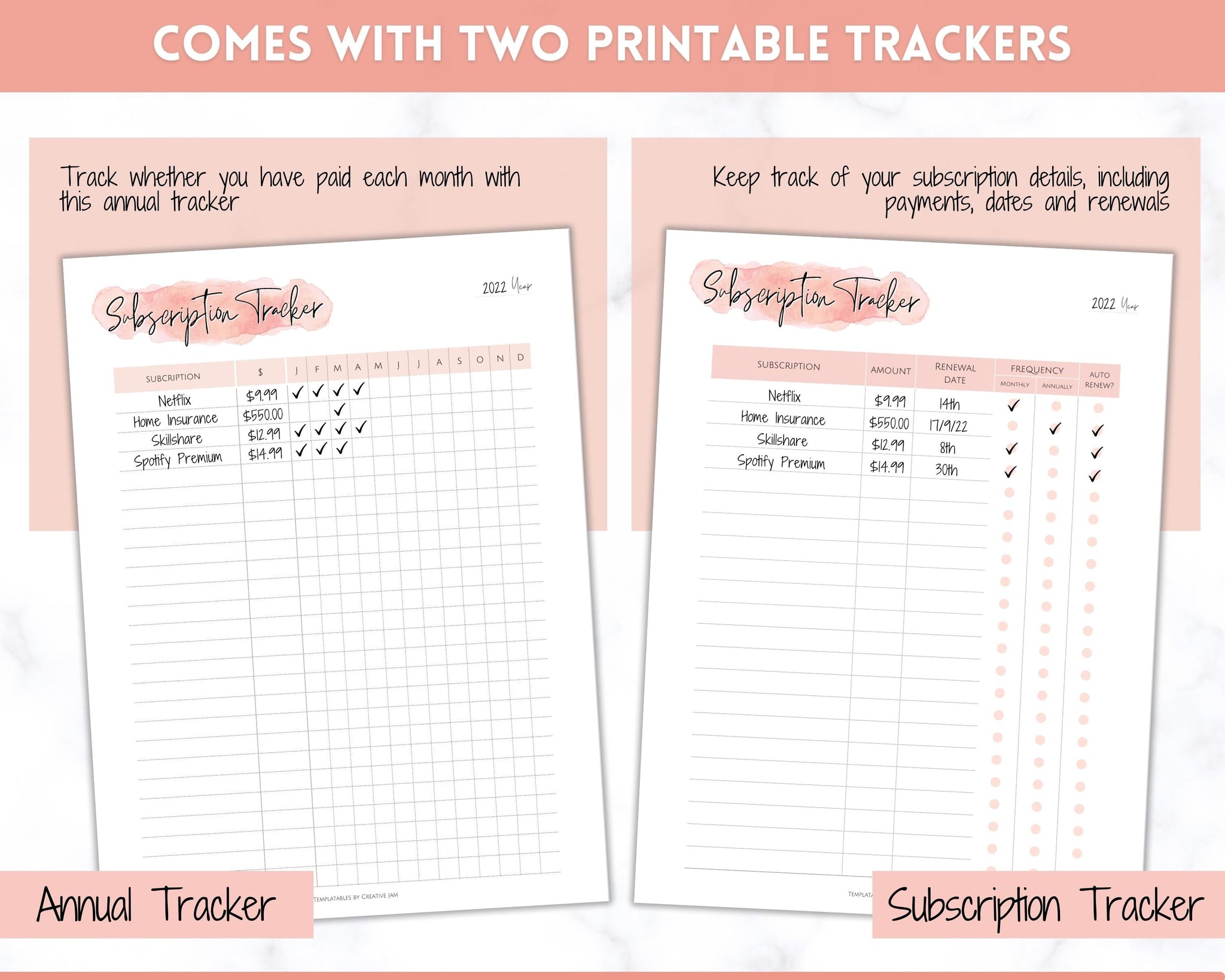 Subscription Tracker Printable, Monthly Expense Budget Planner | Pink