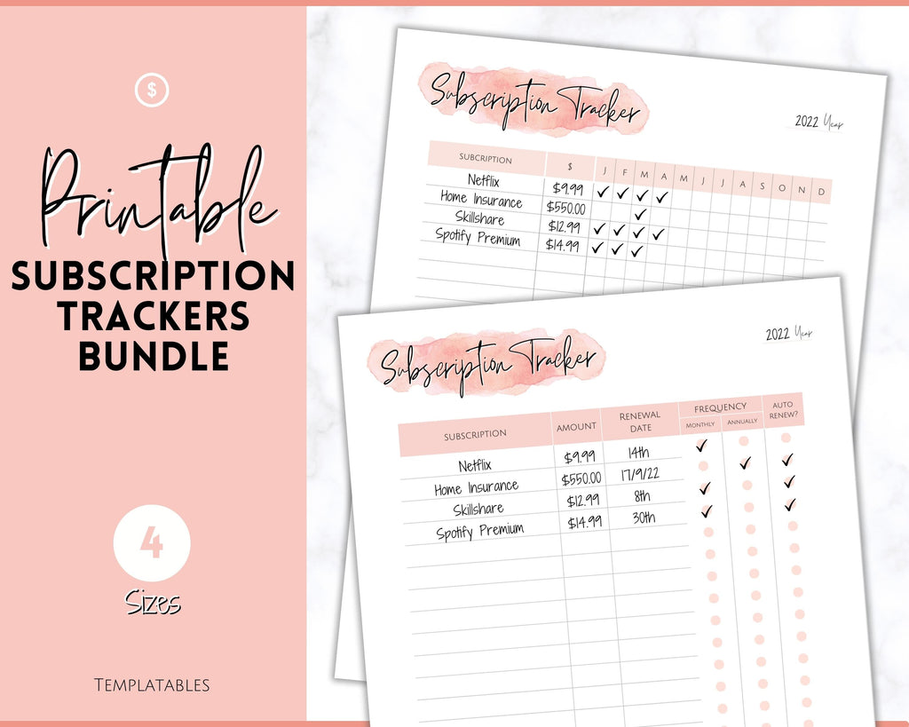 Subscription Tracker Printable, Monthly Expense Budget Planner | Pink