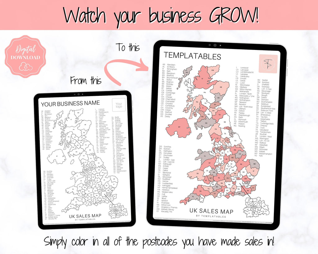 UK Sales Map, EDITABLE Postcode Business Order Tracker, Color In