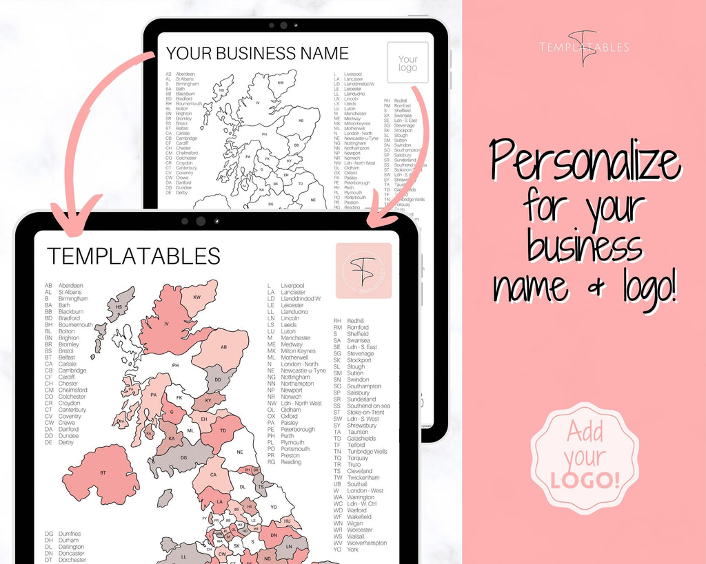 UK Sales Map, EDITABLE Postcode Business Order Tracker, Color In