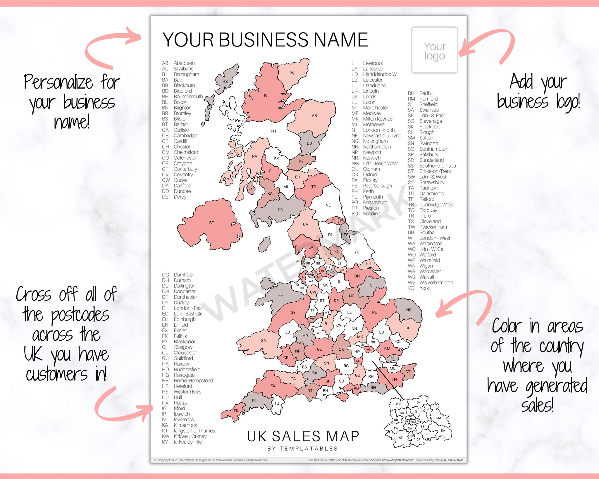 UK Sales Map, EDITABLE Postcode Business Order Tracker, Color In