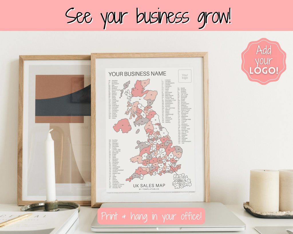 UK Sales Map, EDITABLE Postcode Business Order Tracker, Color In