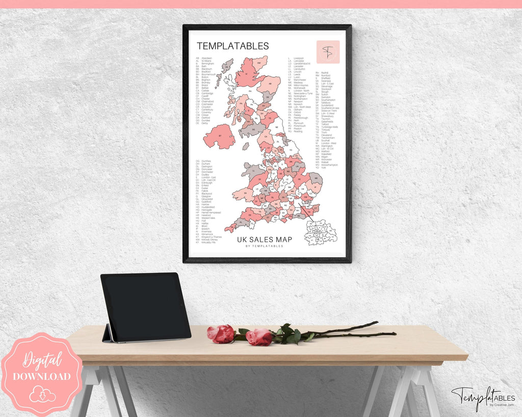 UK Sales Map, EDITABLE Postcode Business Order Tracker, Color In