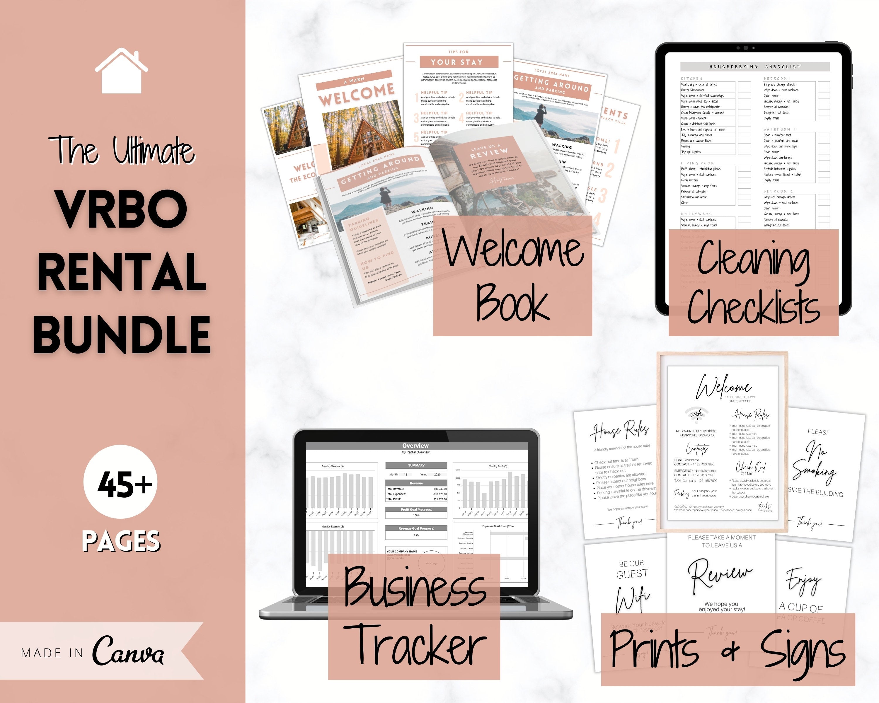 Ultimate VRBO Host BUNDLE | Welcome Book, Signs, Trackers - Brown