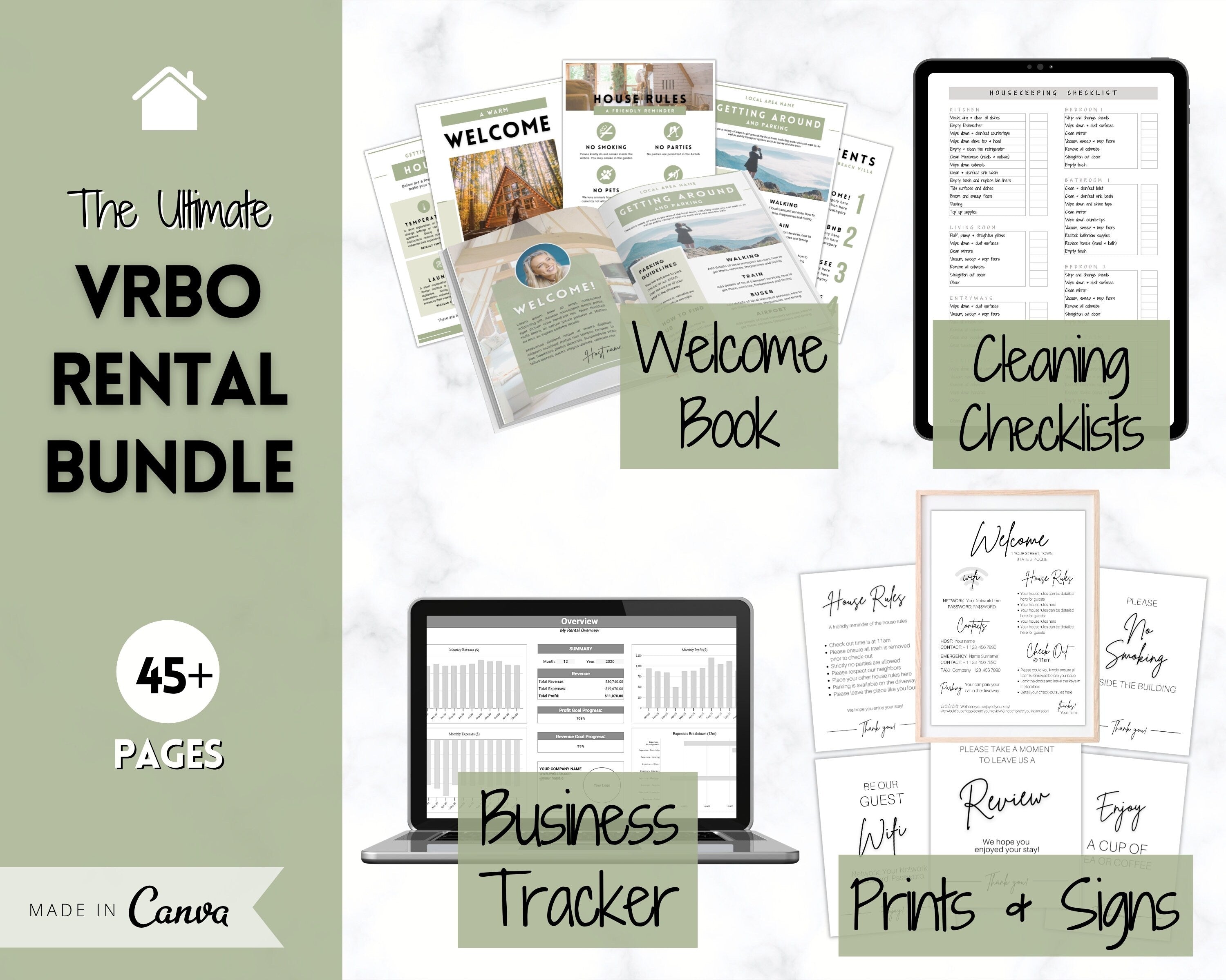 Ultimate VRBO Host BUNDLE | Welcome Book, Signs, Trackers - Green