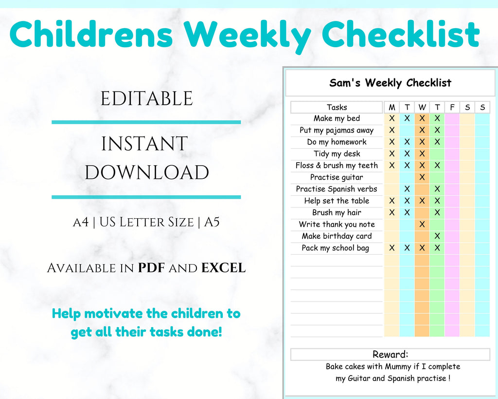 Chilkdrens Weekly CHECKLIST | EDITABLE Colorful Chore Chart for Kids