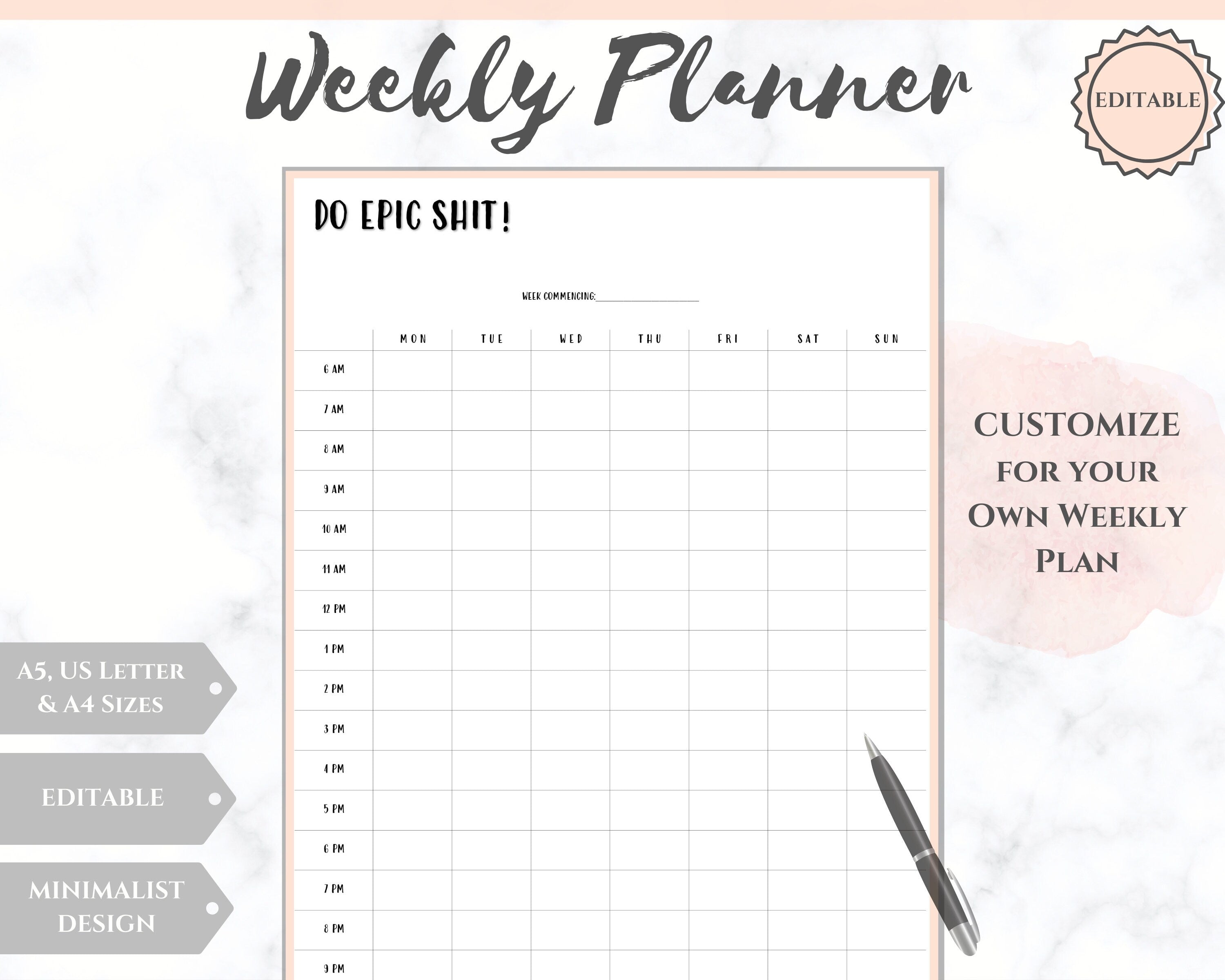 Weekly Planner 'Do Epic Shit' Printable Template | Hourly Planner 2022
