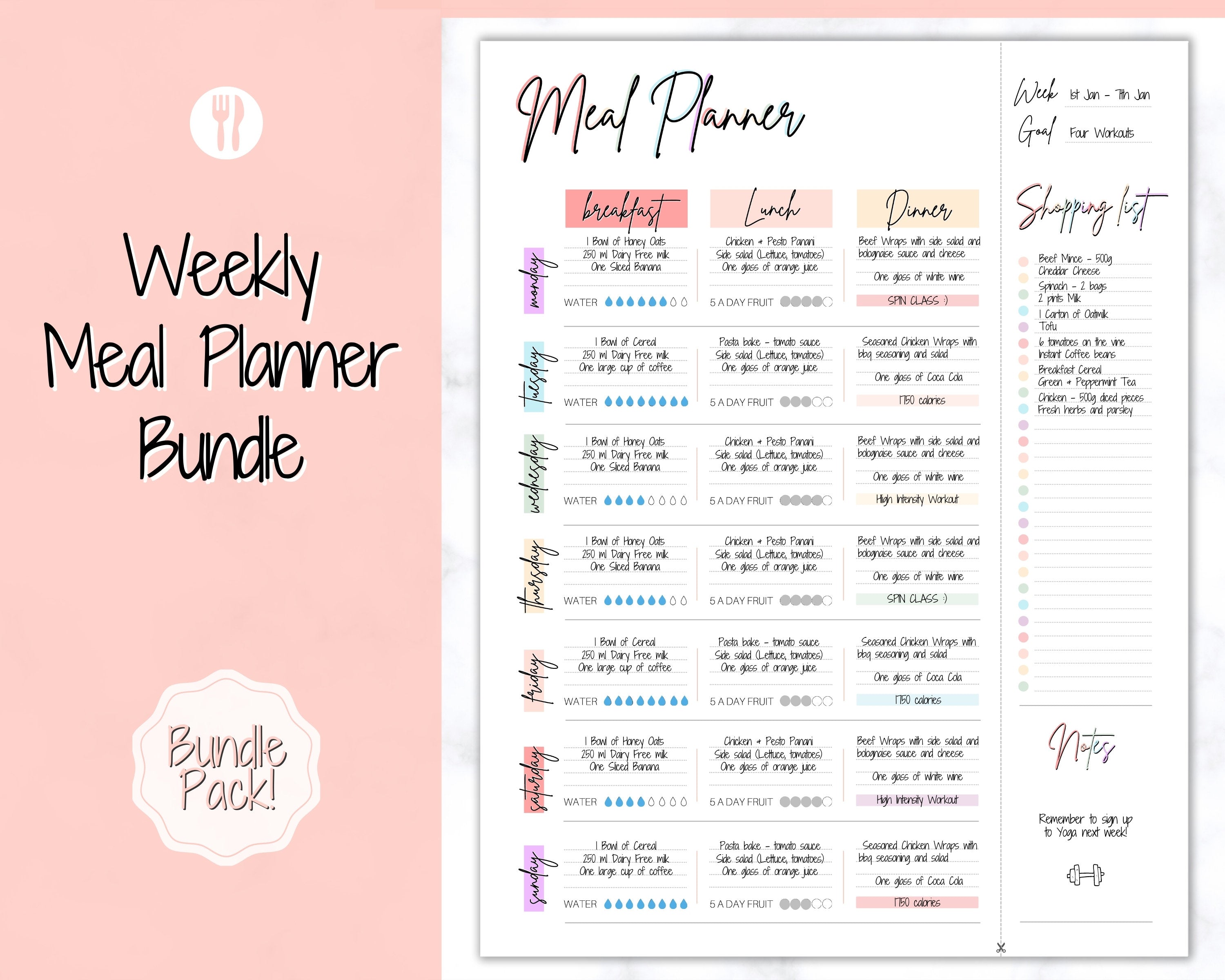 Weekly Meal Planner Printable Bundle | Food Diary - Pastel