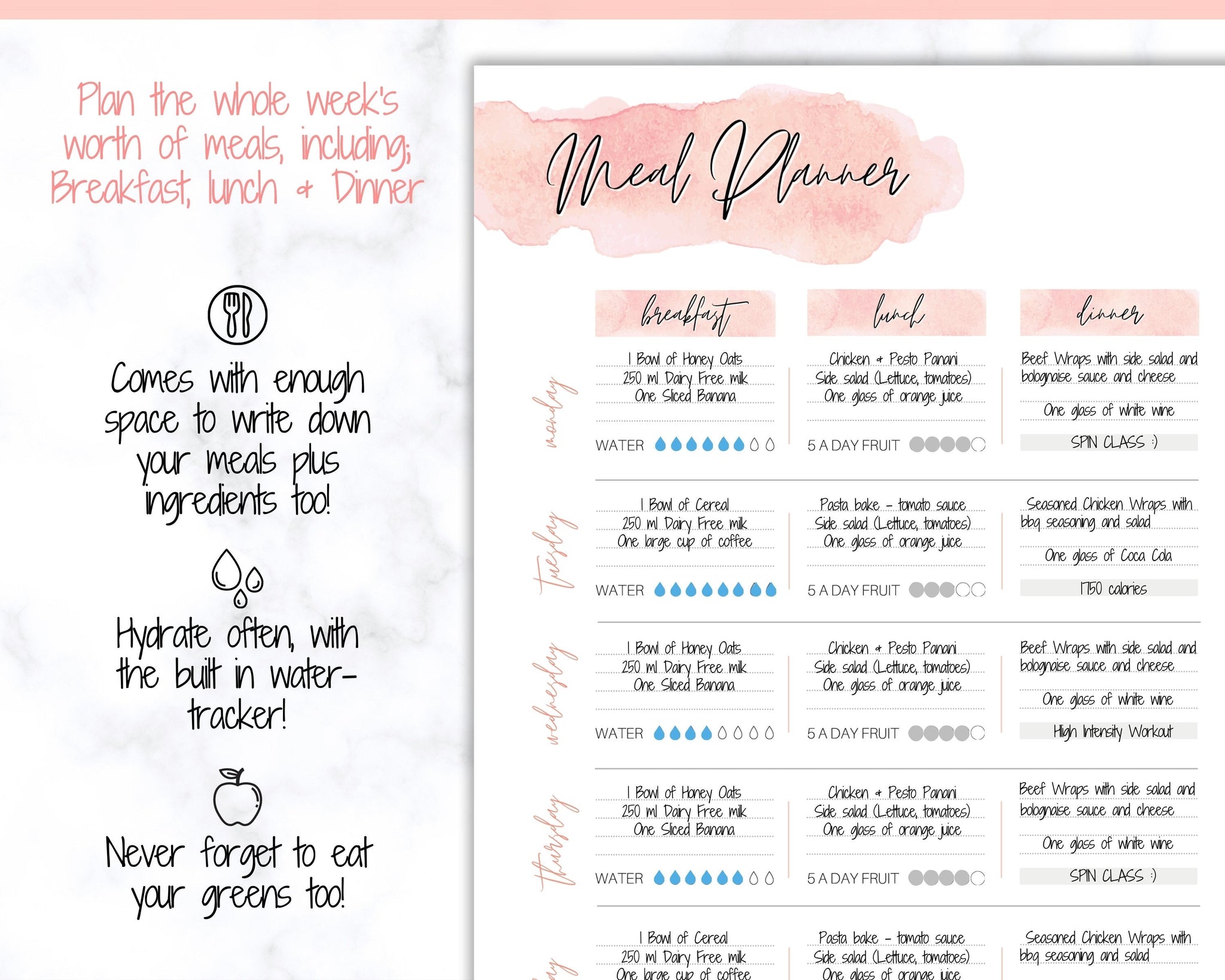 Weekly Meal Planner Printable Bundle | Food Diary - Watercolor