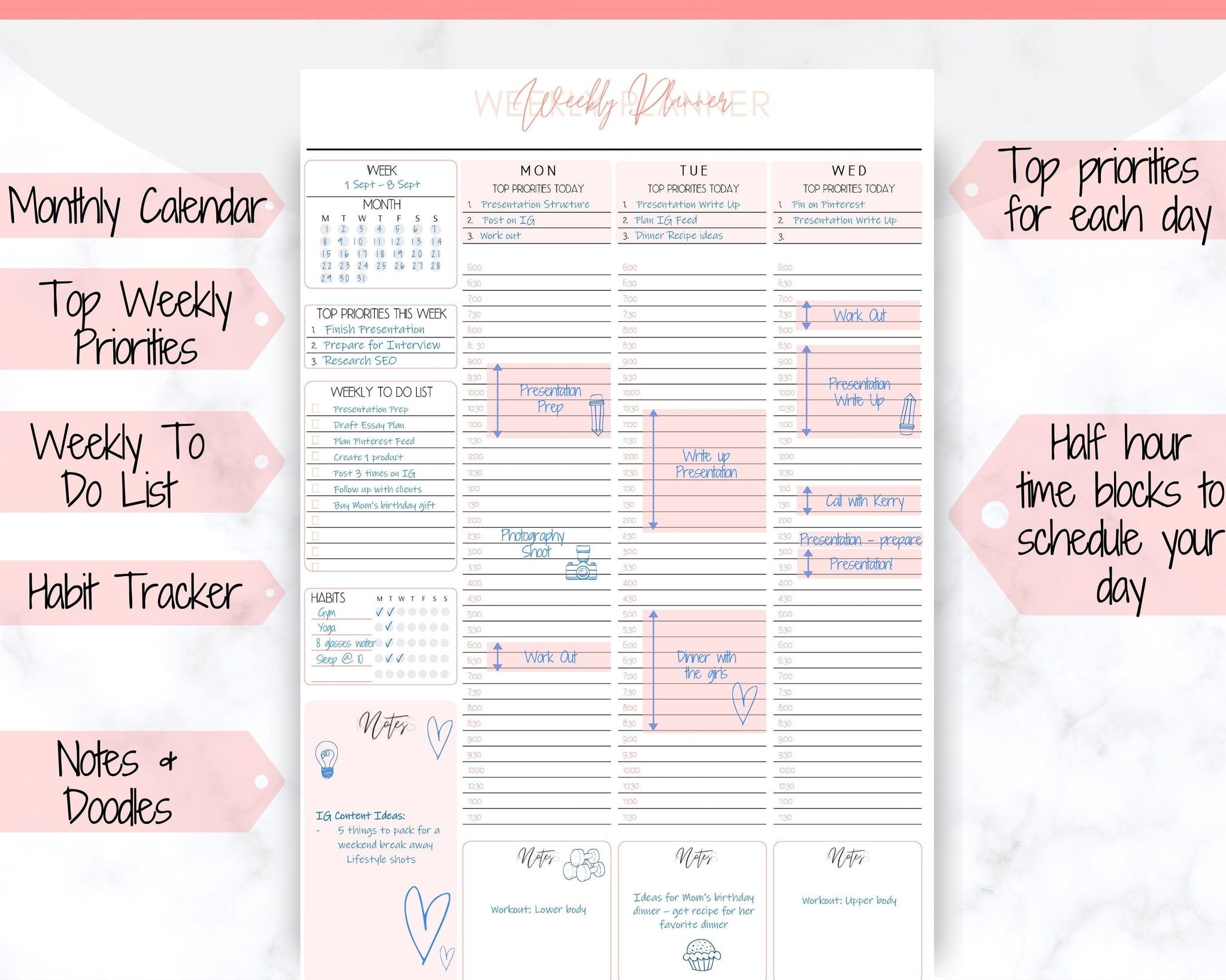 cute hourly weekly schedule template